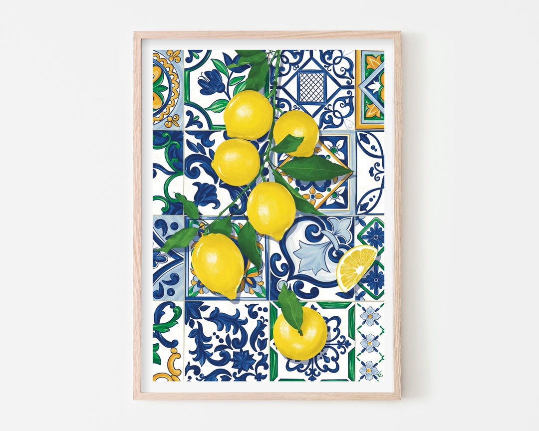 Lemons Poster, Lemon Art Print, Lemon Wall Art, Lemons and Tiles Art ...