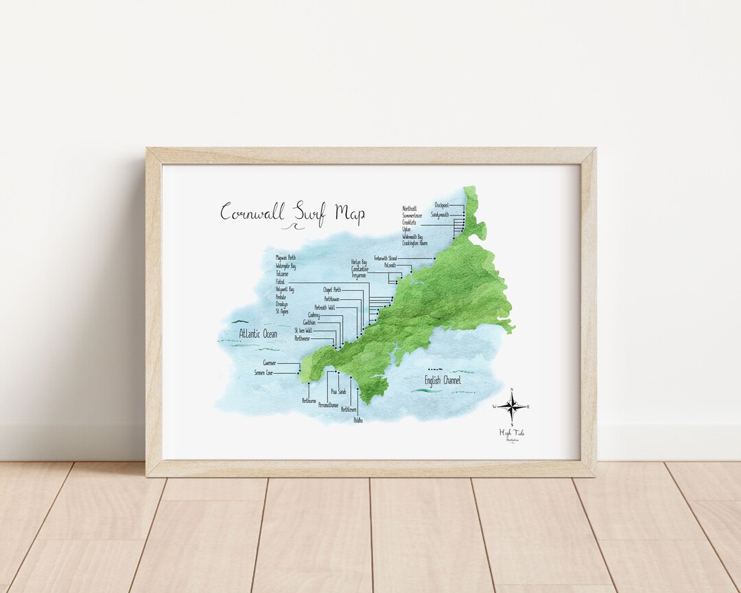 Cornwall Surf Map, Surfing Gifts, Cornish Map, Cornwall Surf Art, High ...