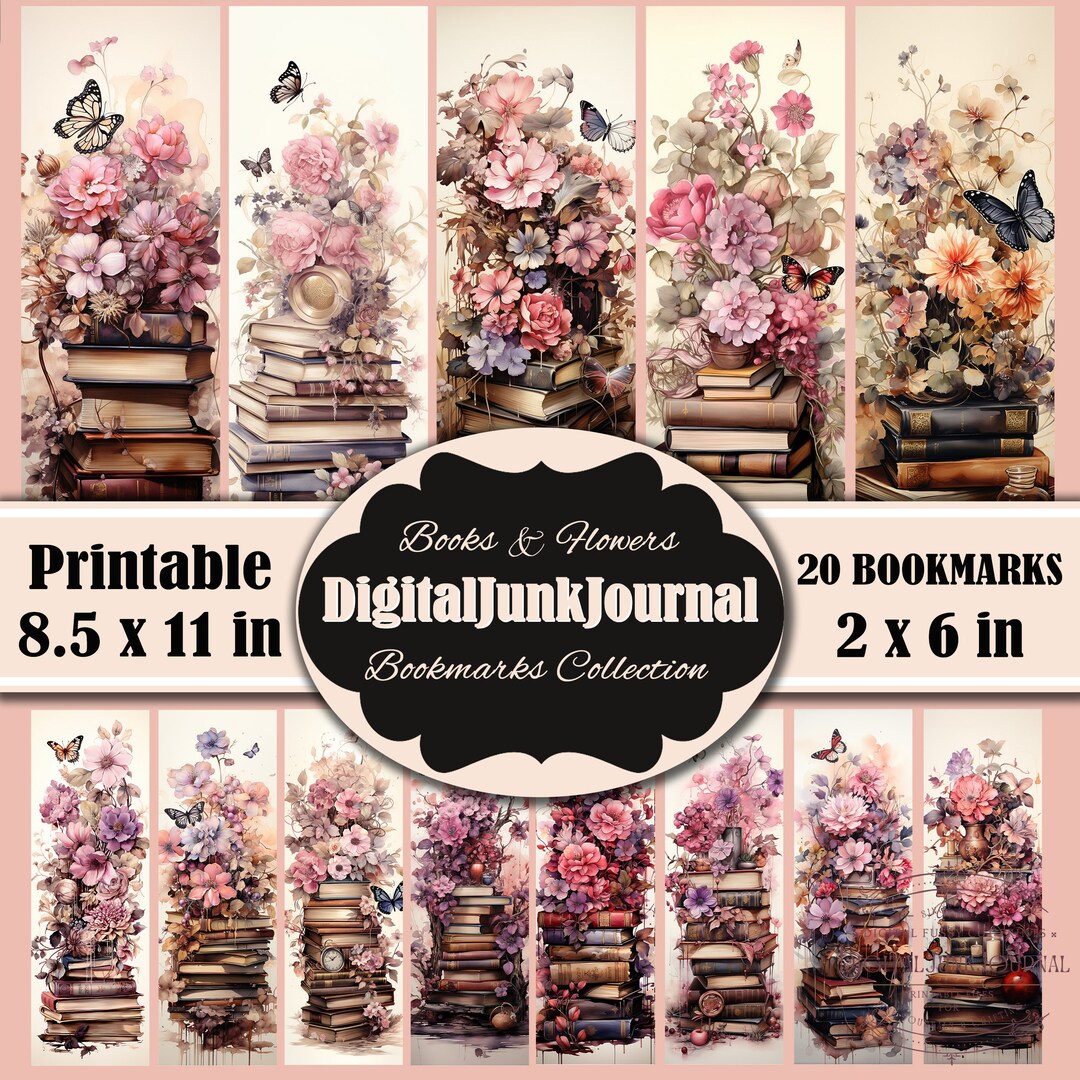 Books and Flower Printable Bookmarks, Digital Bookmark Set,bookmark ...