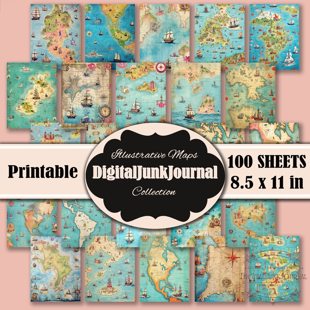 Map Junk Journal Sheets, Printable Imagine World Maps, Digital ...