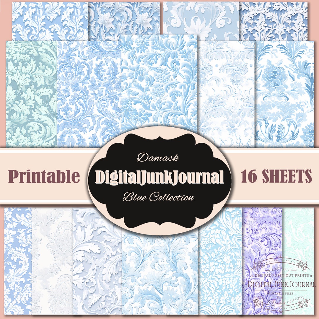 Junk Journal, Blue Damask Sheets, Printable Digital Junk Journal ...