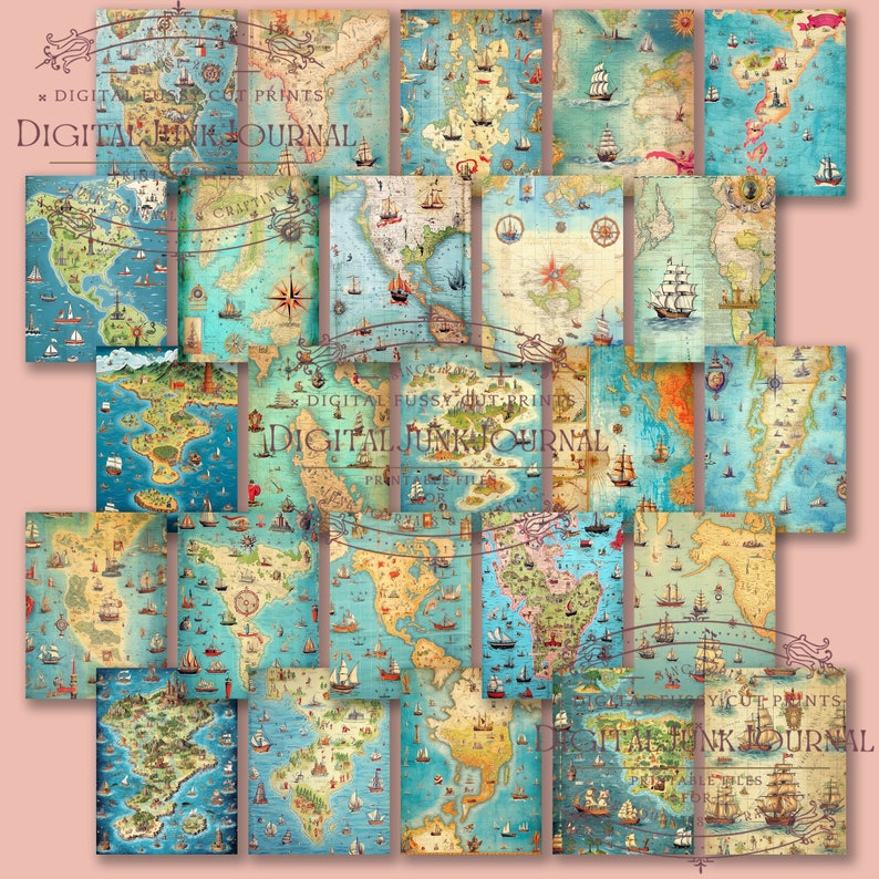 Map Junk Journal Sheets, Printable Imagine World Maps, Digital ...