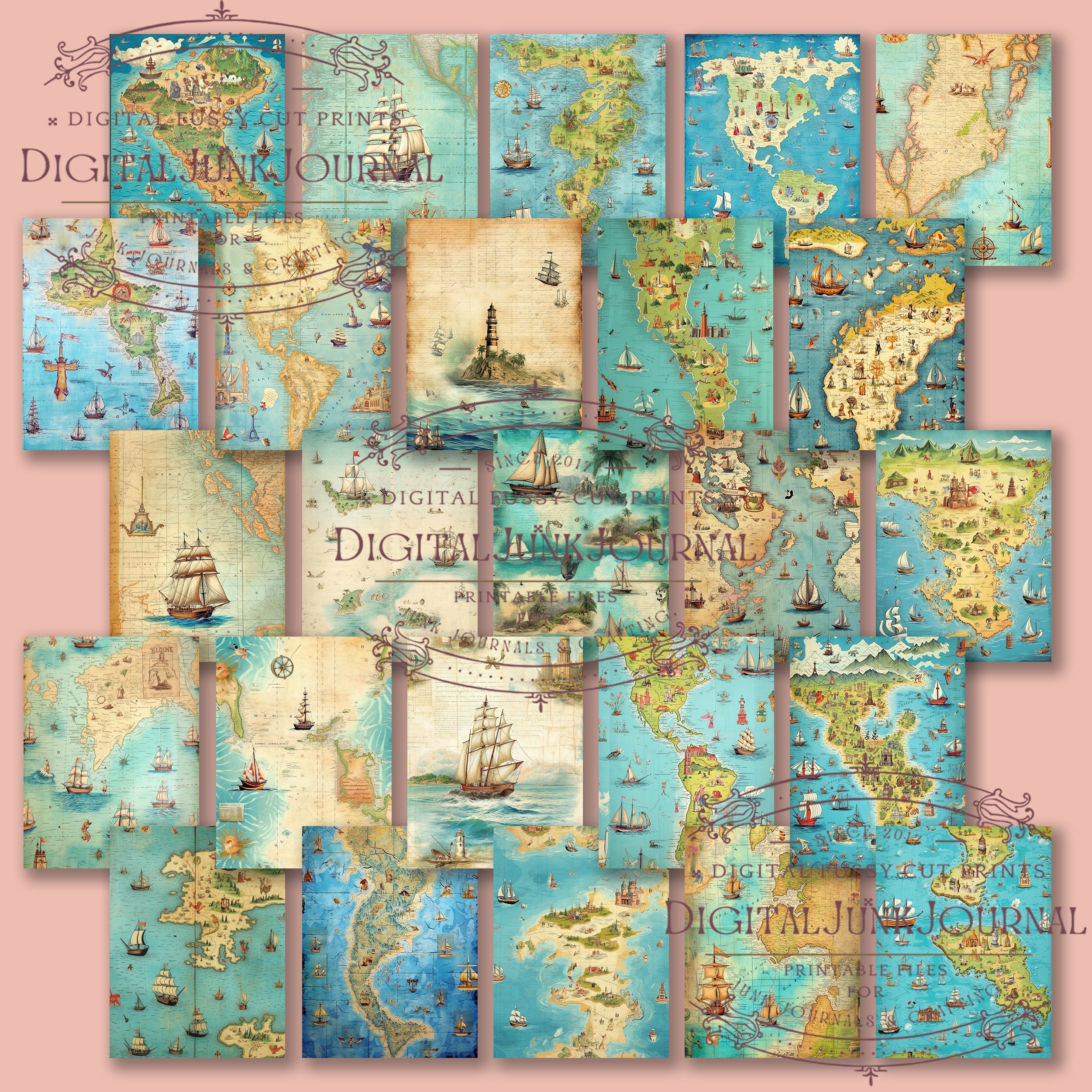 Map Junk Journal Sheets, Printable Imagine World Maps, Digital ...