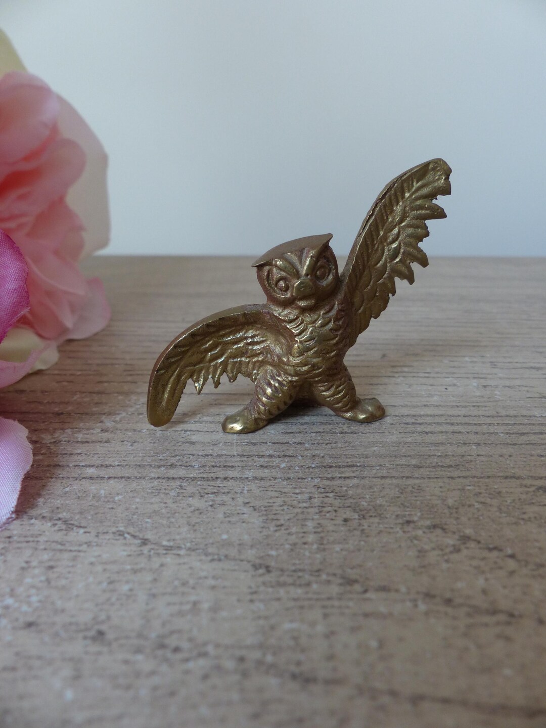 Vintage Brass Owl Miniature Figurine – Outstretched Wings Owl Statuette ...