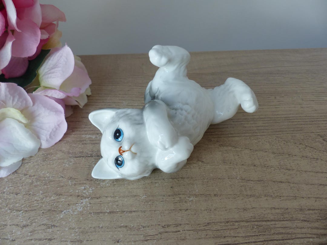 Vintage Ceramic Playful Kitten Figurine – Mischievous Little White and ...