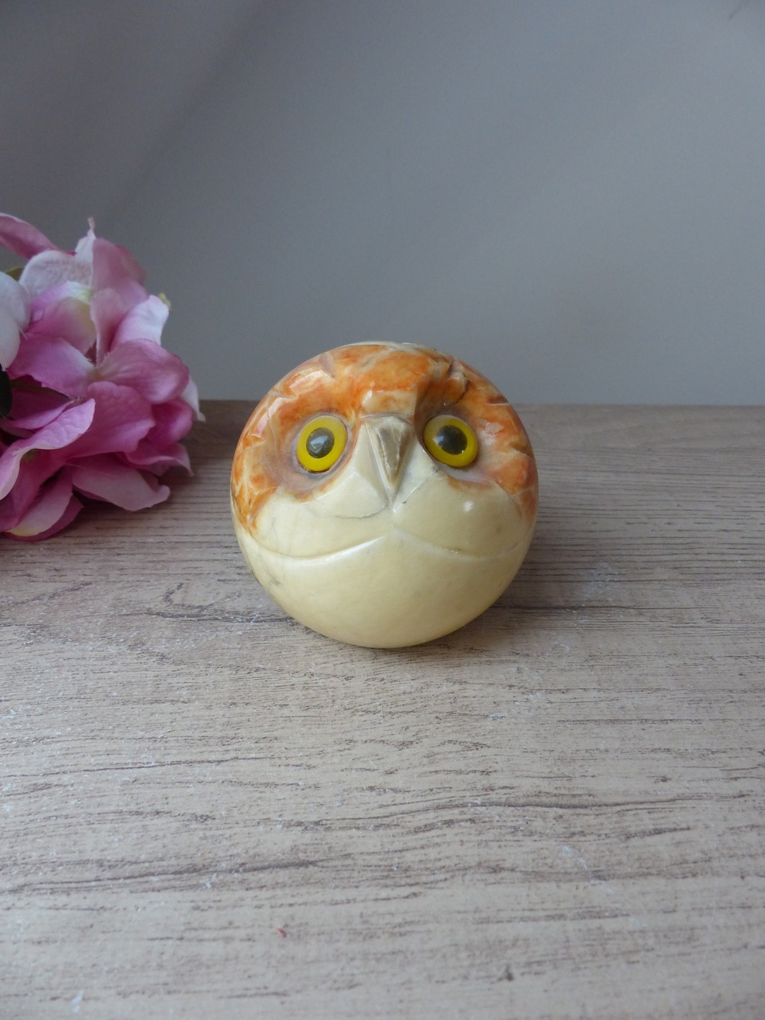 Owl Sculpture in Orange Alabaster Stone – Spherical Paperweight and ...