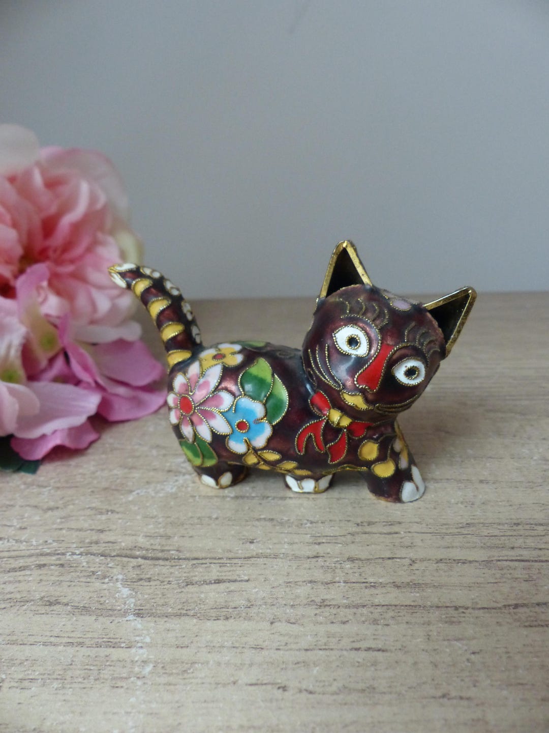 Vintage Cloisonné Cat Figurine – Floral Kitten in Enamelled Metal From ...