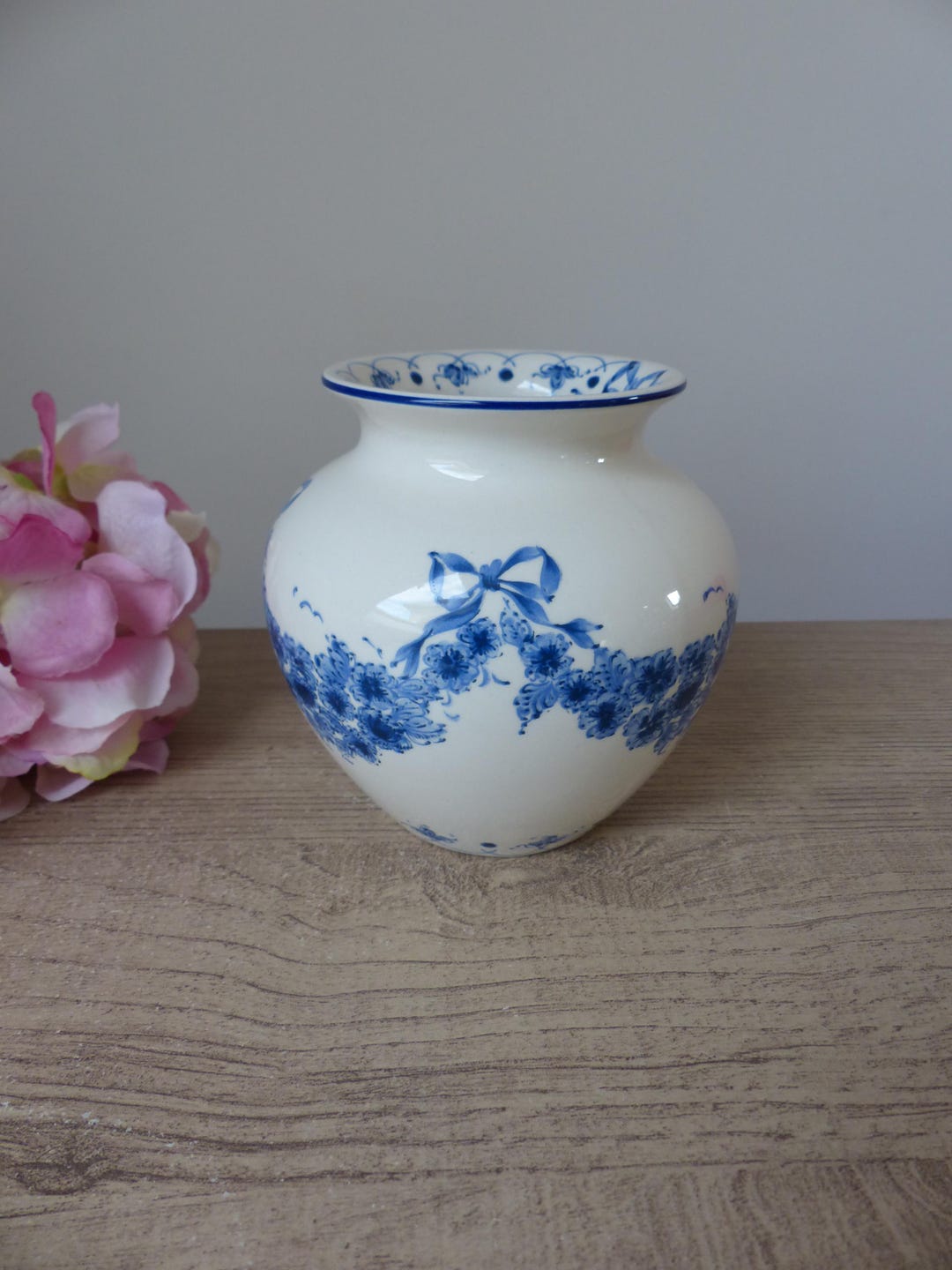 Charming Vintage SIA Earthenware Ball Vase, Delicate Blue Floral ...