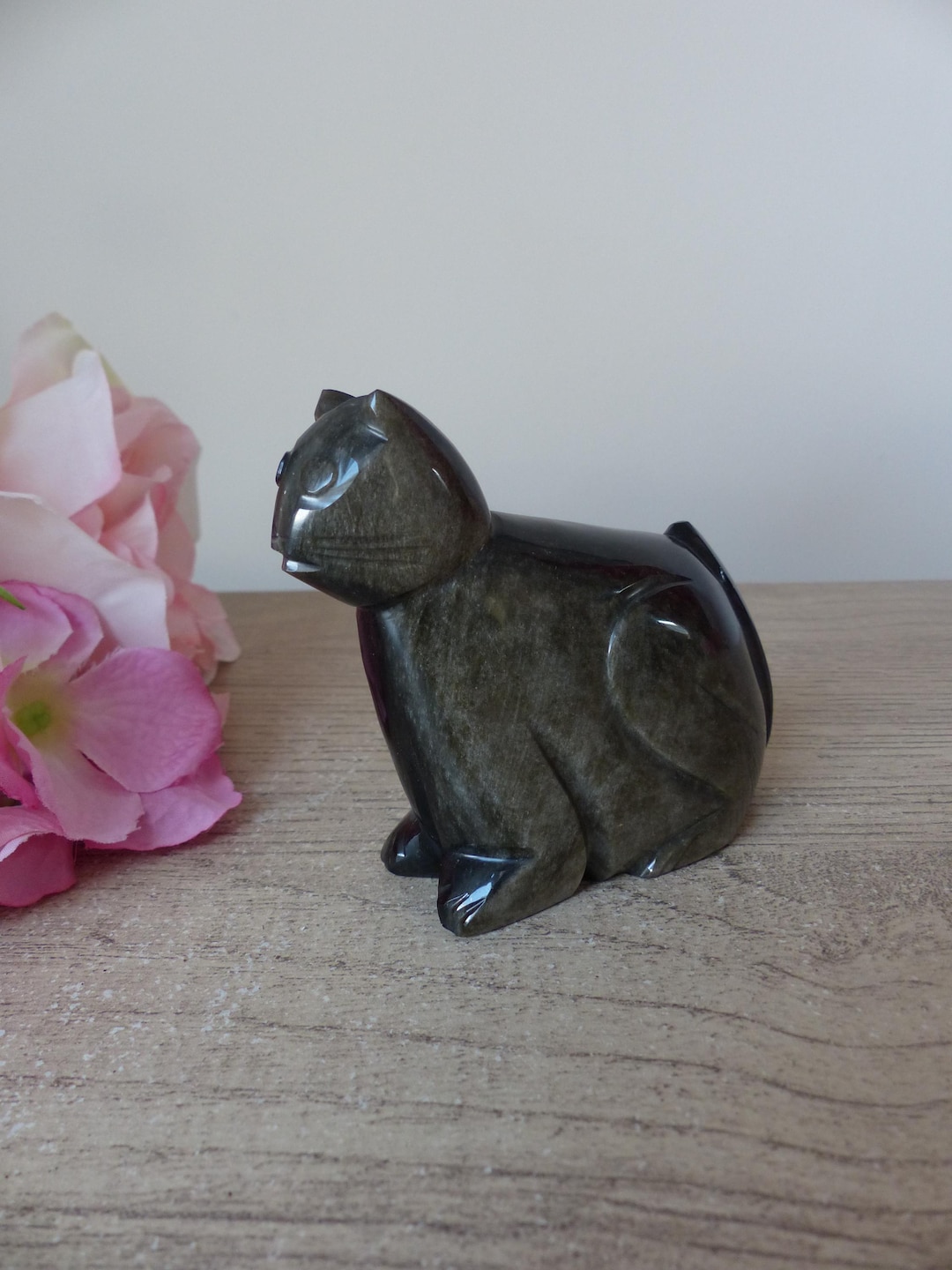 Golden Obsidian Cat Figurine, Sitting Stone Cat Sculpture, Feline Cat ...