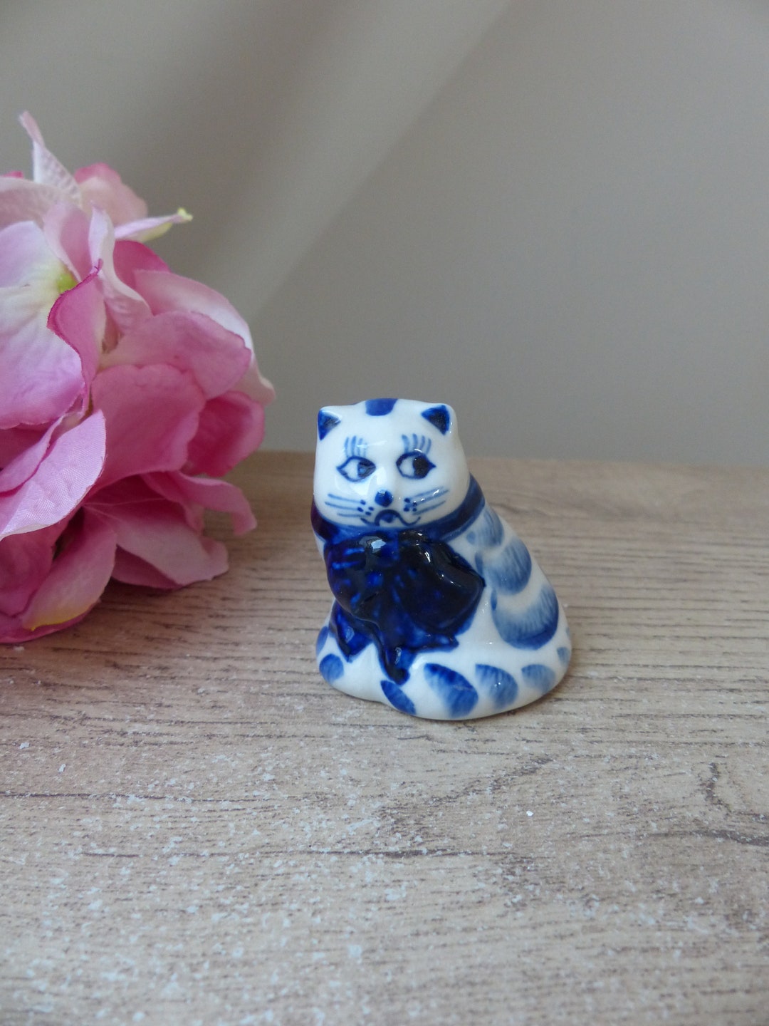 Blue and White Ceramic Cat Figurine, Cat With Hand Painted Ribbon ...