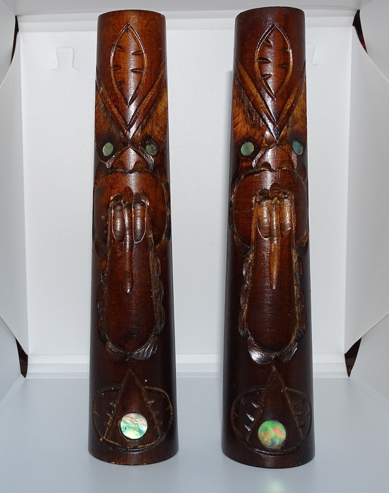 Maori New Zealand Large Wood Carved Tiki Face Salt and Pepper Pots ...