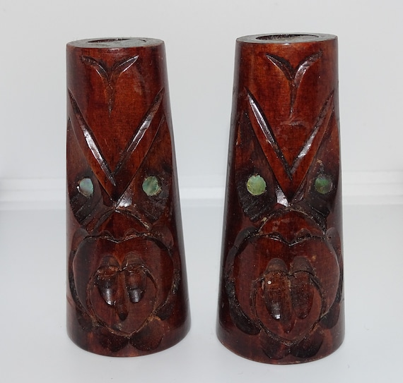 Maori New Zealand Wood Carved Tiki Face Salt and Pepper Pots | Etsy