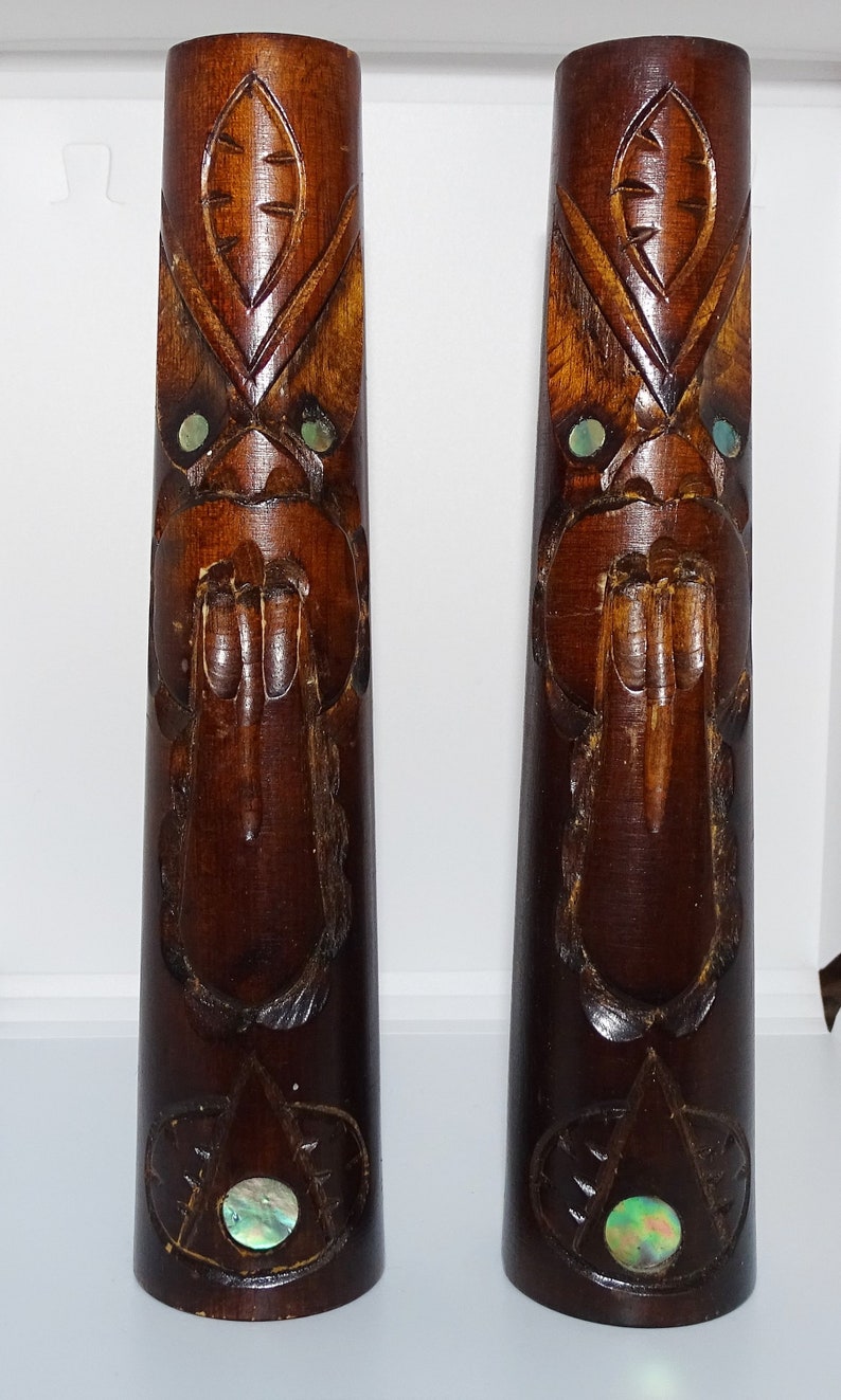 Maori New Zealand Large Wood Carved Tiki Face Salt and Pepper Pots ...