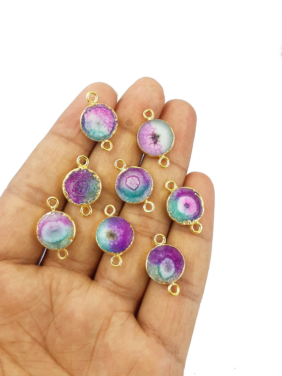 Watermelon Solar Quartz Gold Electroplated Connector, 13-14mm Round ...