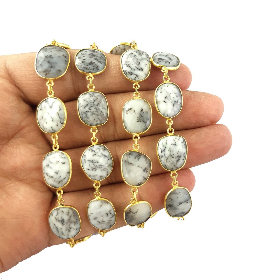 Dendrite Opal Gemstone Bezel Chain I Bezel Link Chain I Gold Plated ...