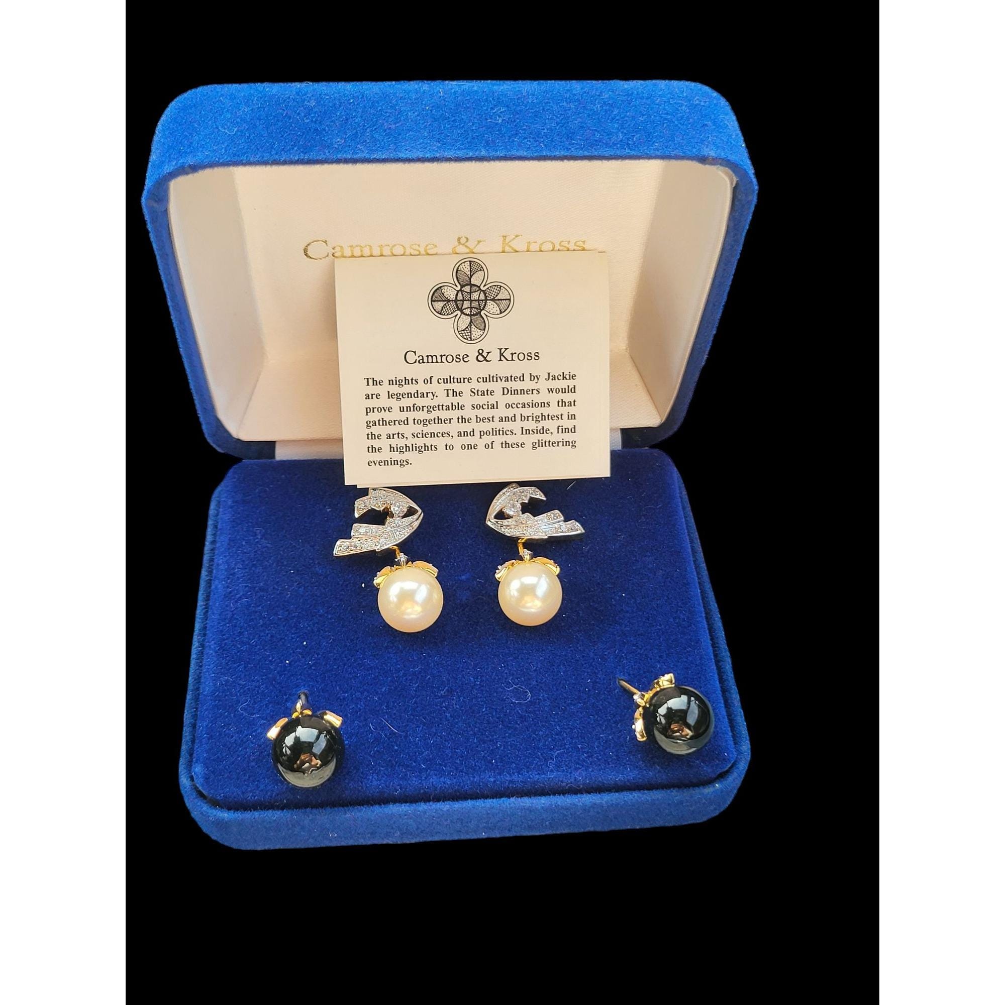Vintage Camrose Kross Elegant Faux Pearl and Onyx Stud Earrings Set New in Box Etsy