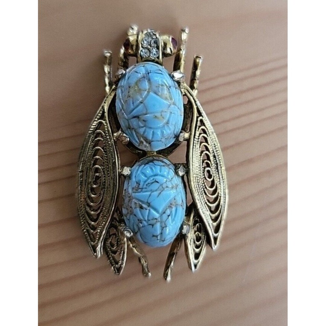 Vintage Wasp Bug Art Glass Scarab Beetle Brooch Filigree Cantille Wings ...