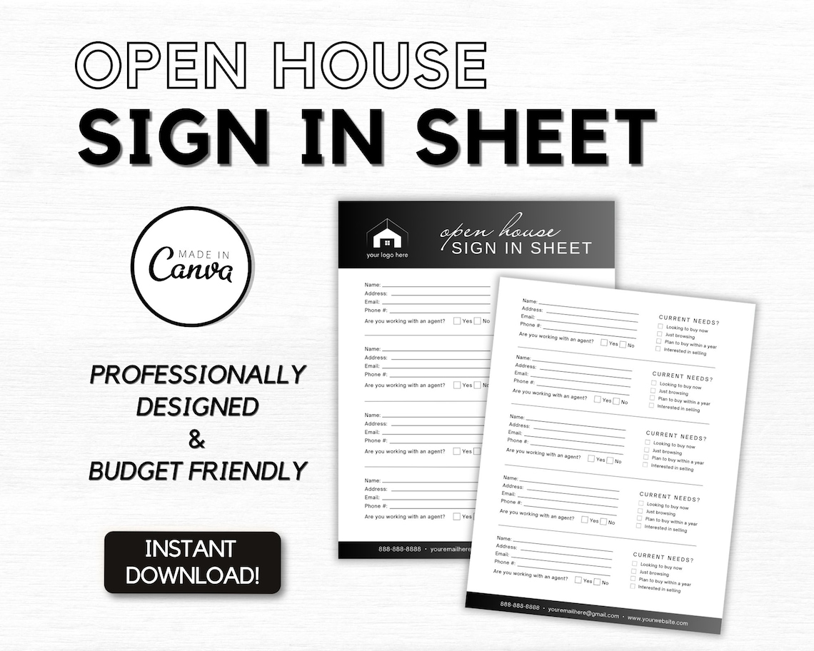 Real Estate Open House Sign-in Sheet Template | Printable PDF, Canva - Etsy
