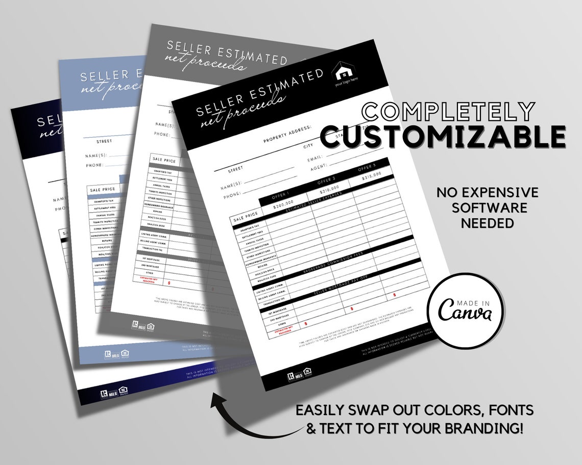 Real Estate Seller Estimated Net Proceeds Sheet Printable Canva ...