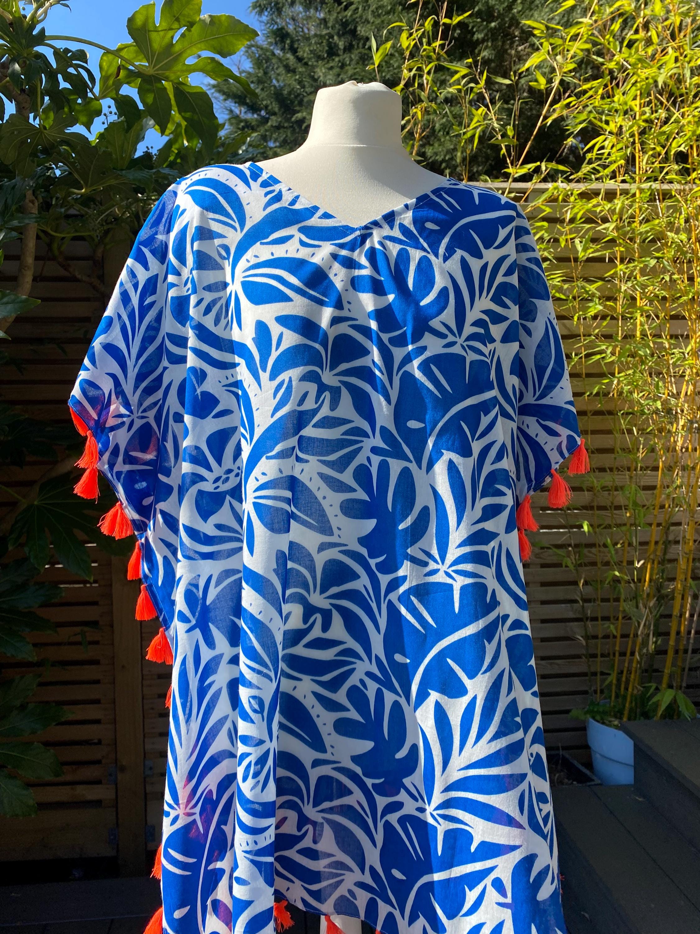 Blue Tropical Cotton Kaftan Dress: Handmade Tassel Beach Cover-up - Etsy