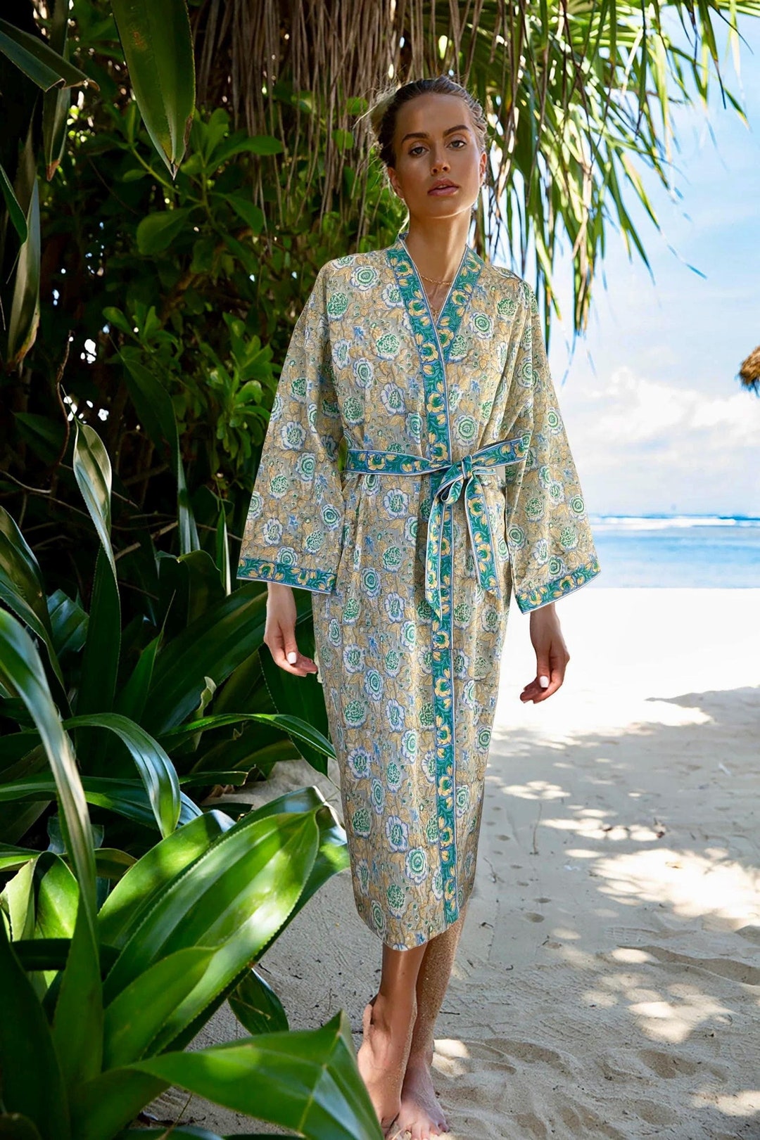 Marseille Block Print Kimono, Floral Cotton Women's Robe, Organic ...