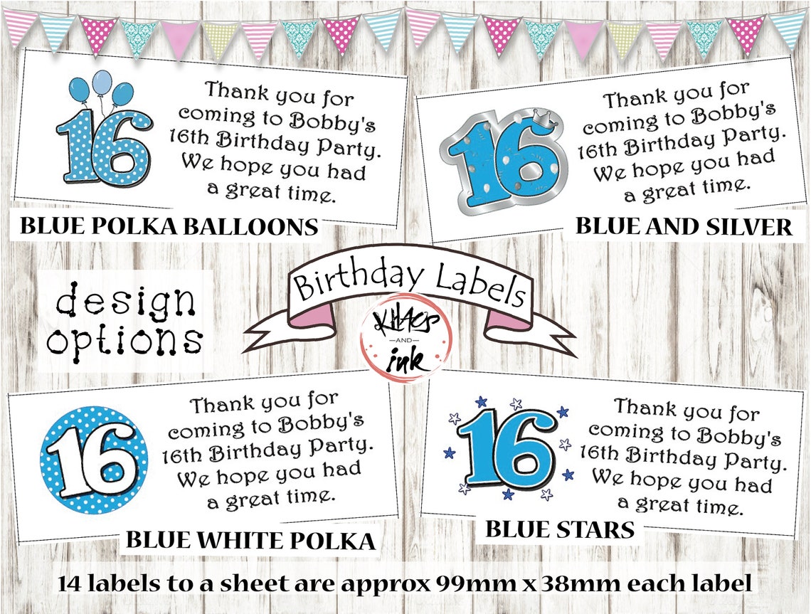 16th Birthday Labels Personalised Party Stickers Decor Black - Etsy