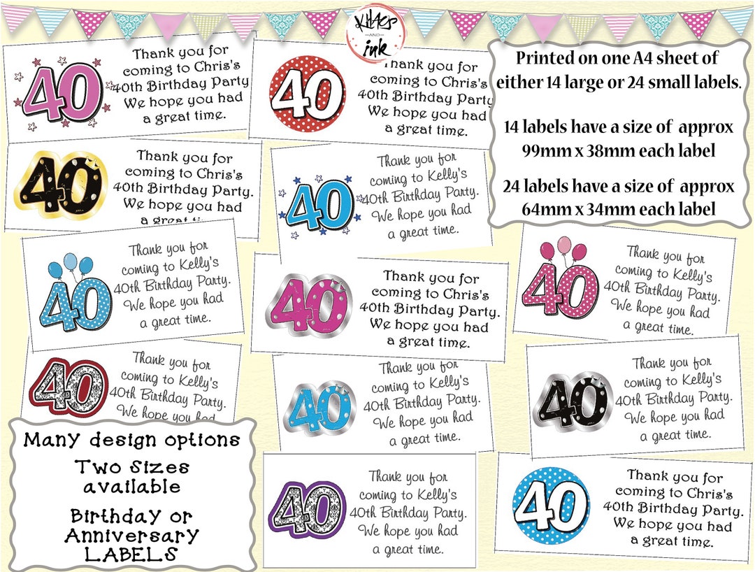40th Birthday/ruby Anniversary Labels, Personalised Party Stickers ...
