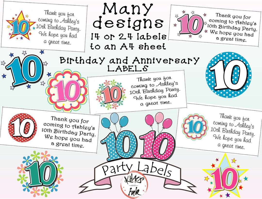 10th Birthday Labels, Personalised Party Stickers Decor Pink Blue Red ...