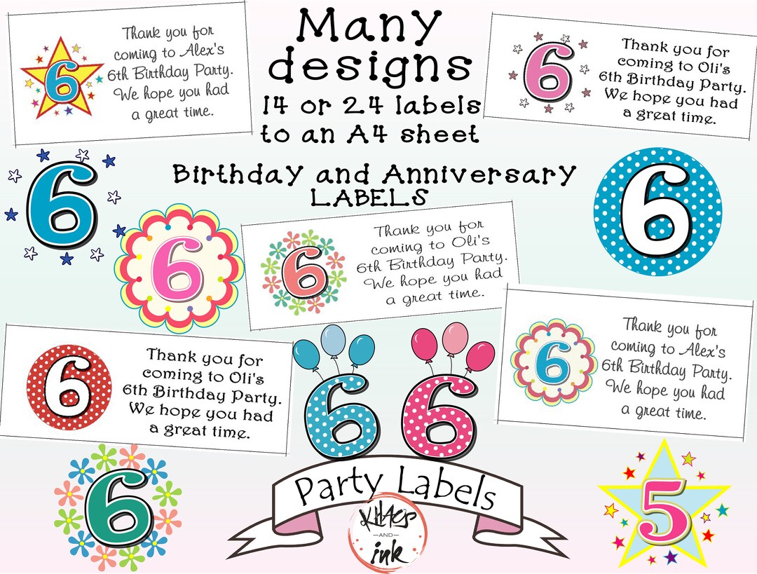 6th Birthday Labels, Personalised Party Stickers Decor Pink Blue Red ...