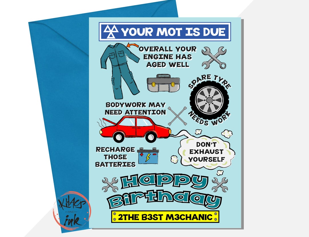 Mechanic Funny Tradesman Birthday Card, Car Garage, Spare Tyre Needs ...