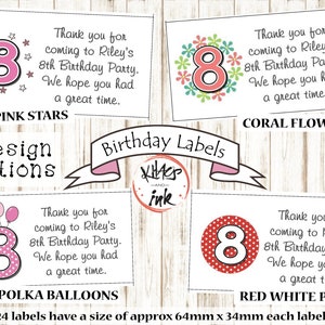 8th Birthday Labels, Personalised Party Stickers Decor Pink Blue Red ...
