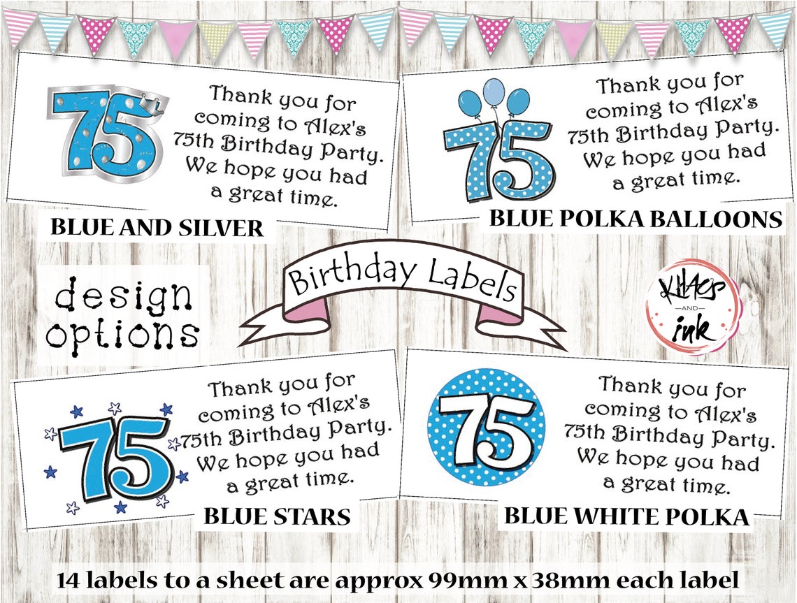 75th Birthday Labels Personalised Party Stickers Black and - Etsy