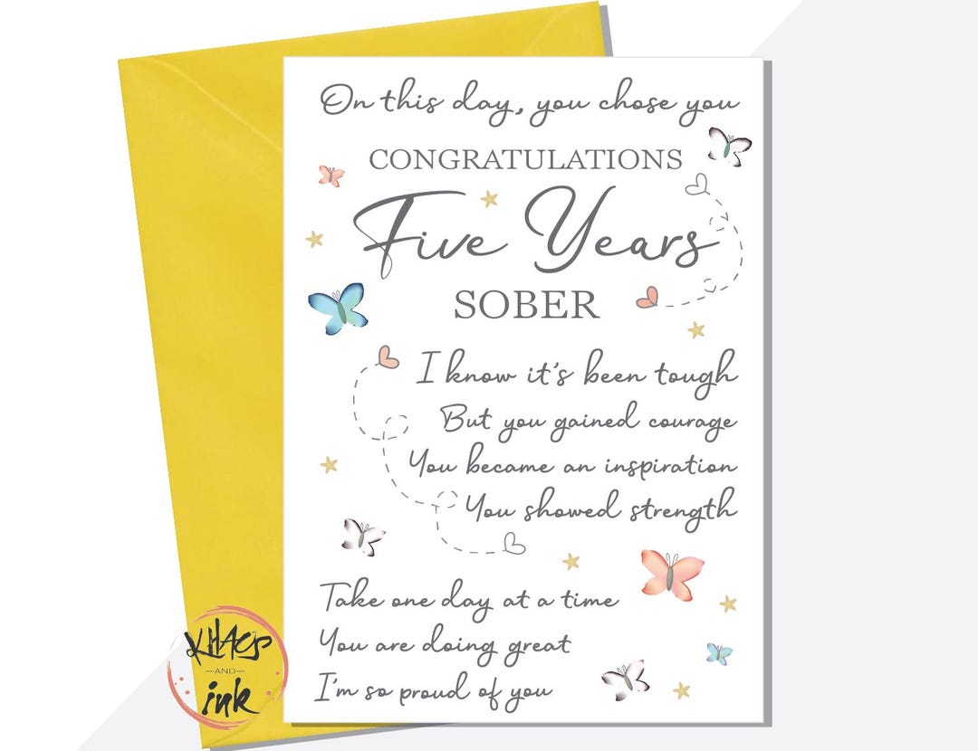 FIVE Years Sobriety Card, Five Years Sober, Recovery Card, Soberversary ...