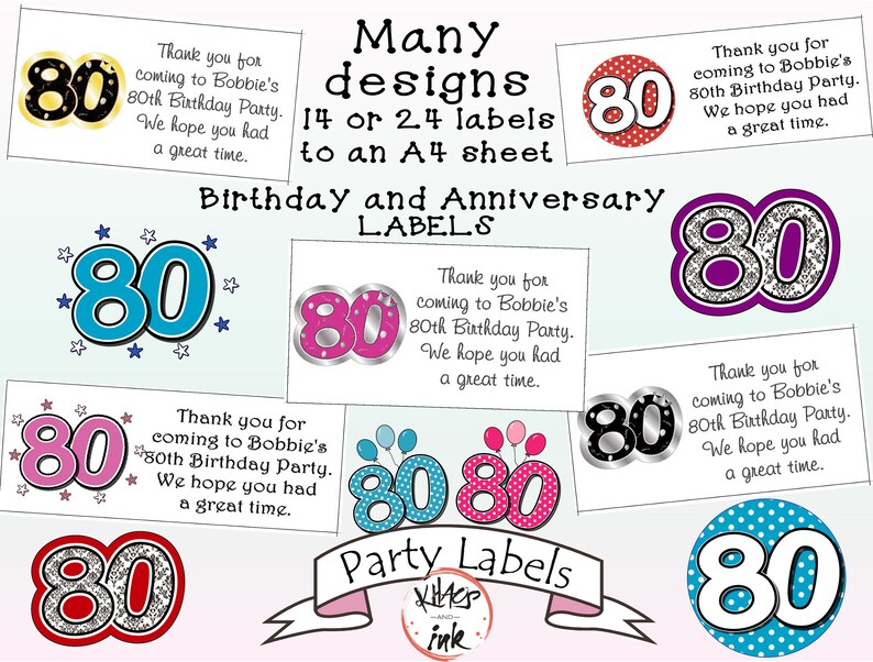 80th Birthday Labels Personalised Party Stickers Decor Black - Etsy