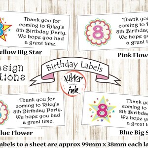 8th Birthday Labels, Personalised Party Stickers Decor Pink Blue Red ...