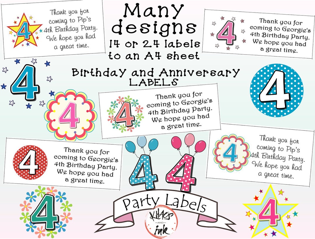 4th Birthday Labels, Personalised Party Stickers Decor Pink Blue Red ...