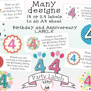 4th Birthday Labels, Personalised Party Stickers Decor Pink Blue Red ...