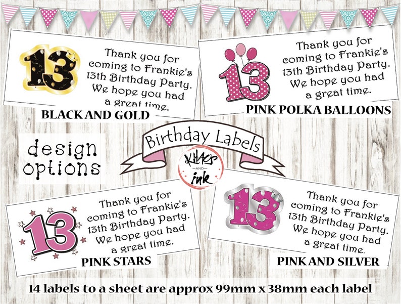 13th Birthday Labels Designs, Personalised Party Stickers Black and ...