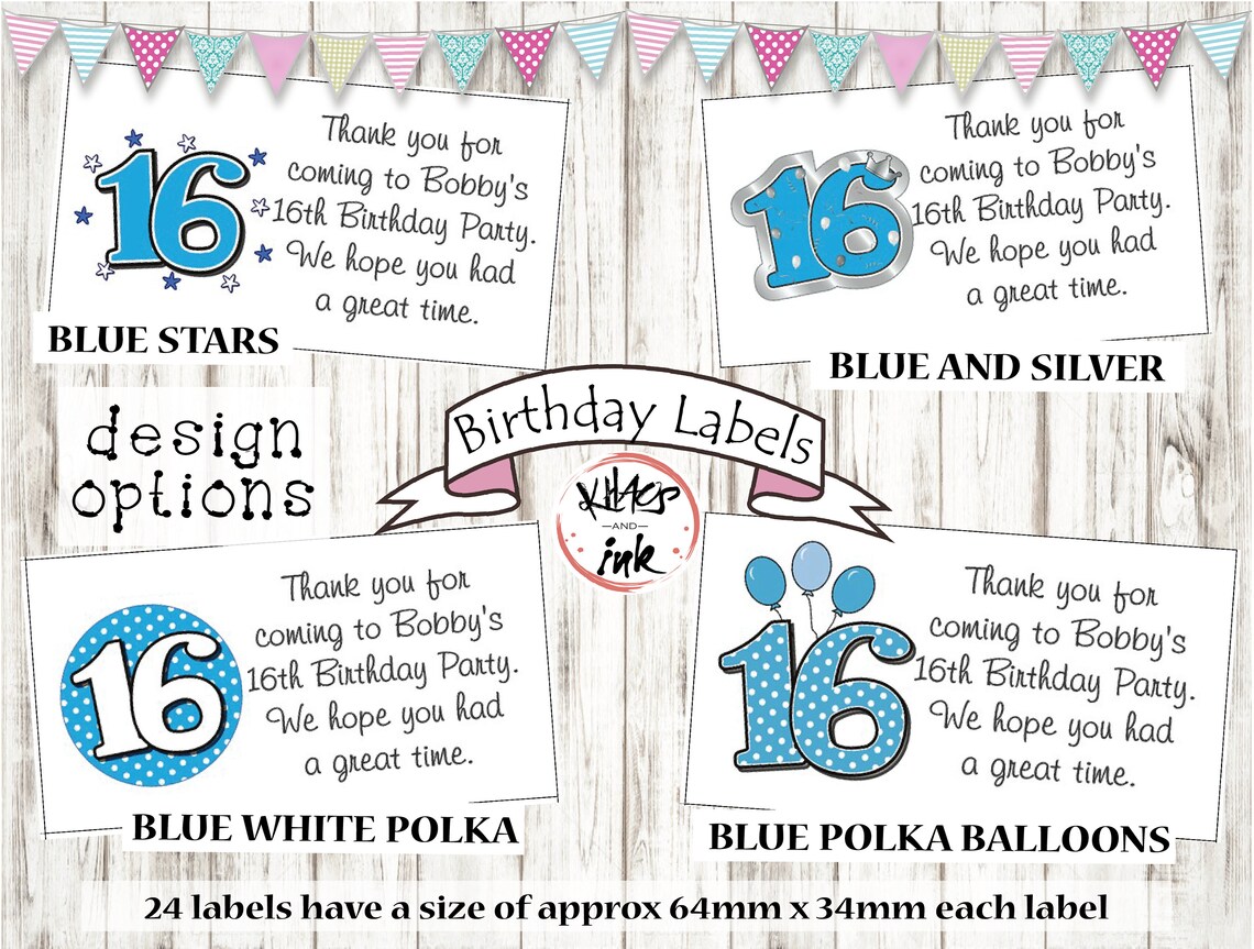 16th Birthday Labels Personalised Party Stickers Decor Black - Etsy