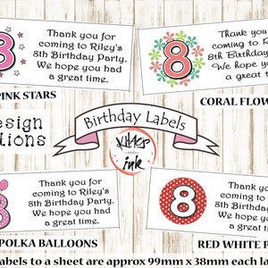 8th Birthday Labels, Personalised Party Stickers Decor Pink Blue Red ...