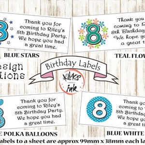 8th Birthday Labels, Personalised Party Stickers Decor Pink Blue Red ...
