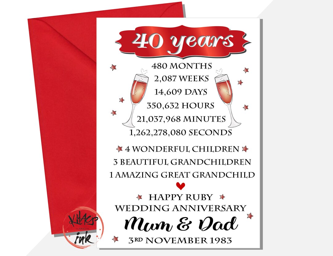 Personalised 40th Ruby Anniversary Card, Mum and Dad Anniversary Card ...