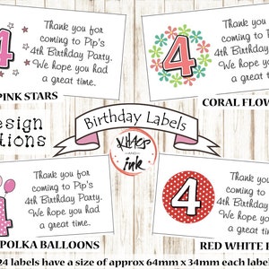 4th Birthday Labels, Personalised Party Stickers Decor Pink Blue Red ...