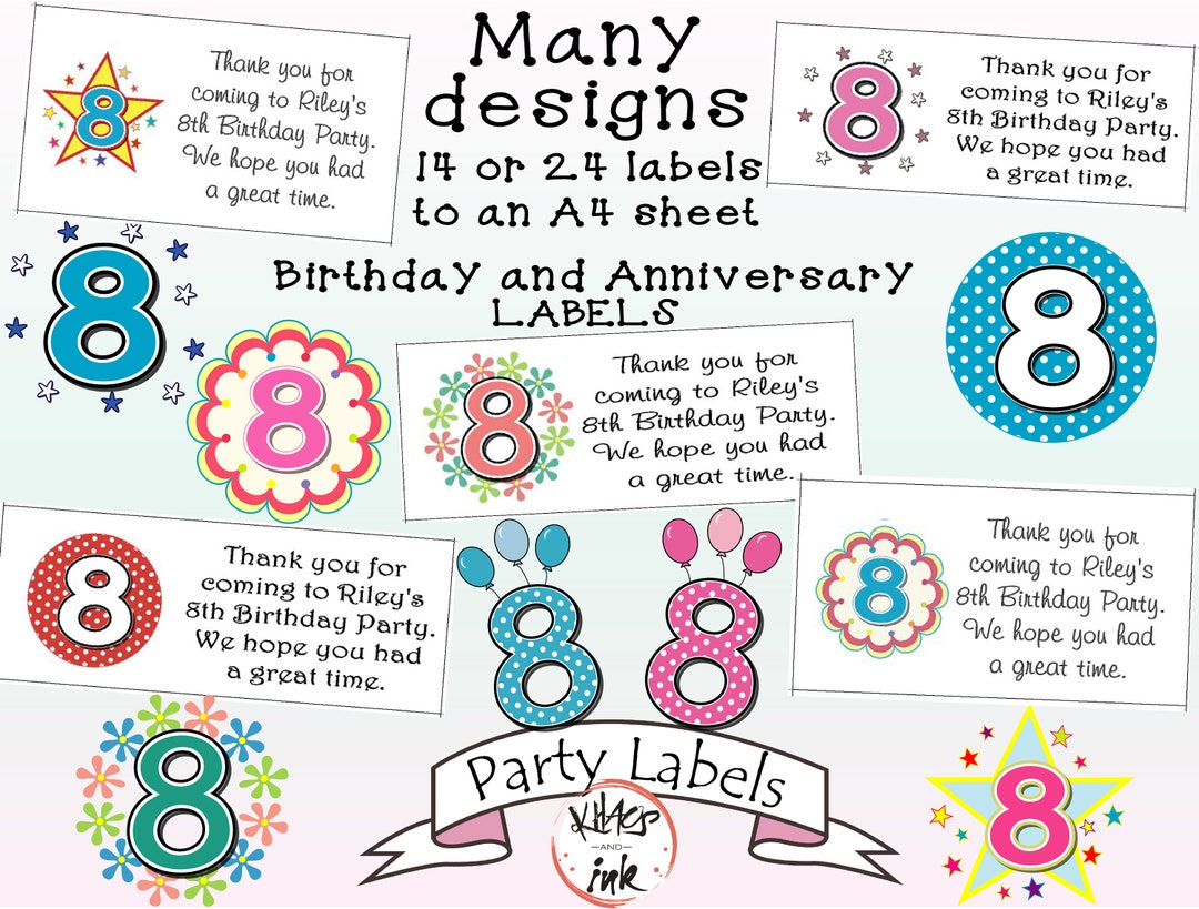 8th Birthday Labels, Personalised Party Stickers Decor Pink Blue Red ...