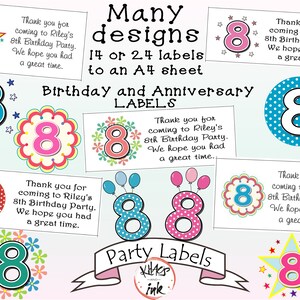 8th Birthday Labels, Personalised Party Stickers Decor Pink Blue Red ...