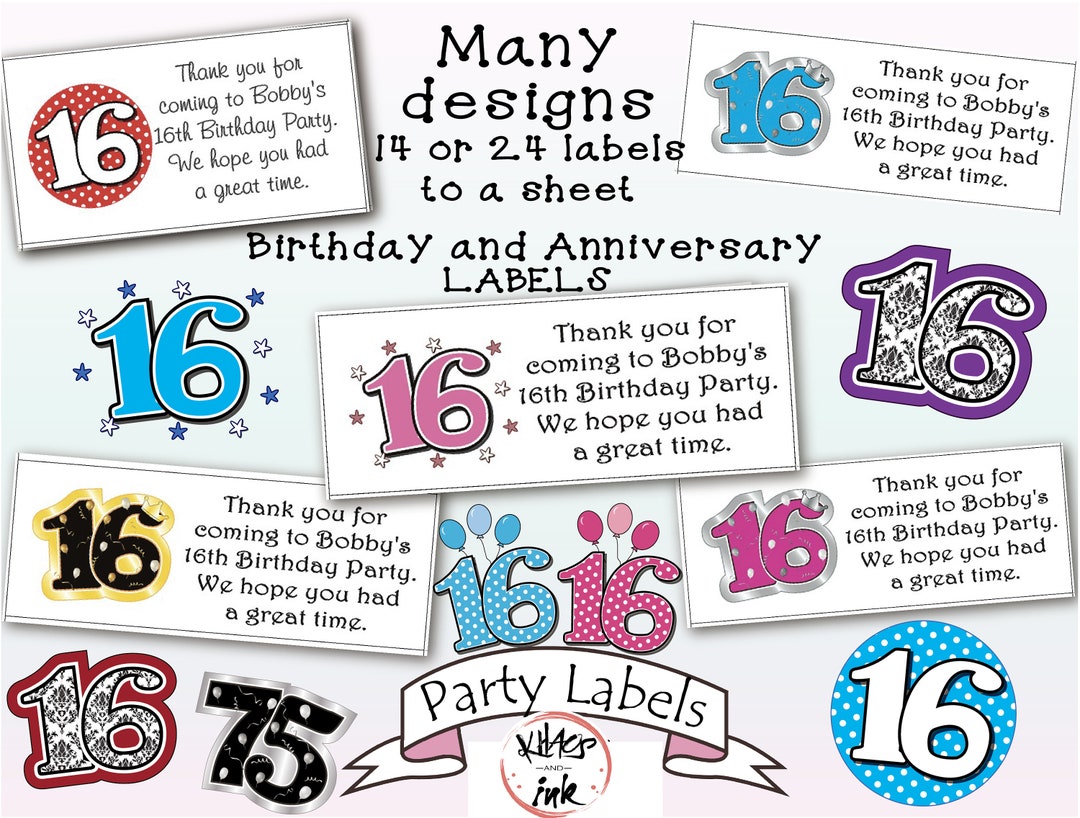 16th Birthday Labels, Personalised Party Stickers Decor Black and Gold ...