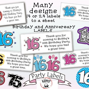 16th Birthday Labels, Personalised Party Stickers Decor Black and Gold ...