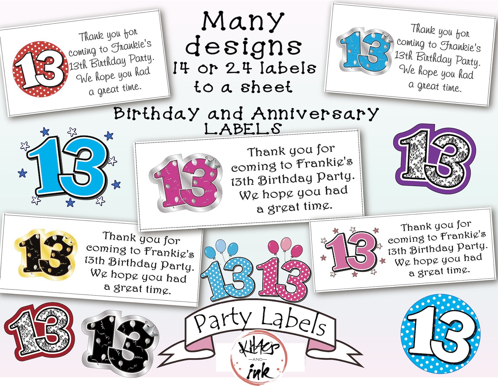 13th Birthday Labels Designs, Personalised Party Stickers Black and ...