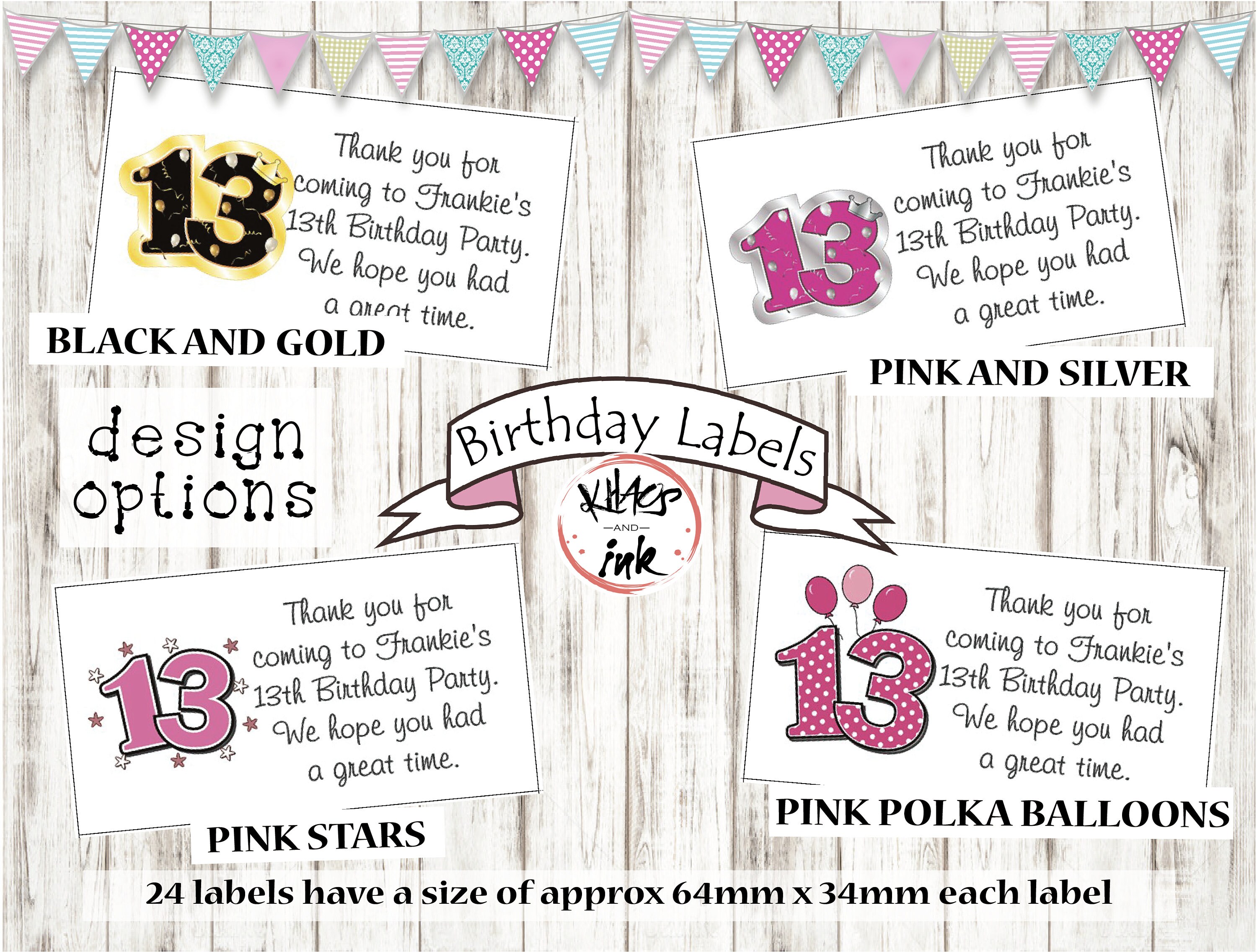 13th Birthday Labels Designs Personalised Party Stickers - Etsy UK