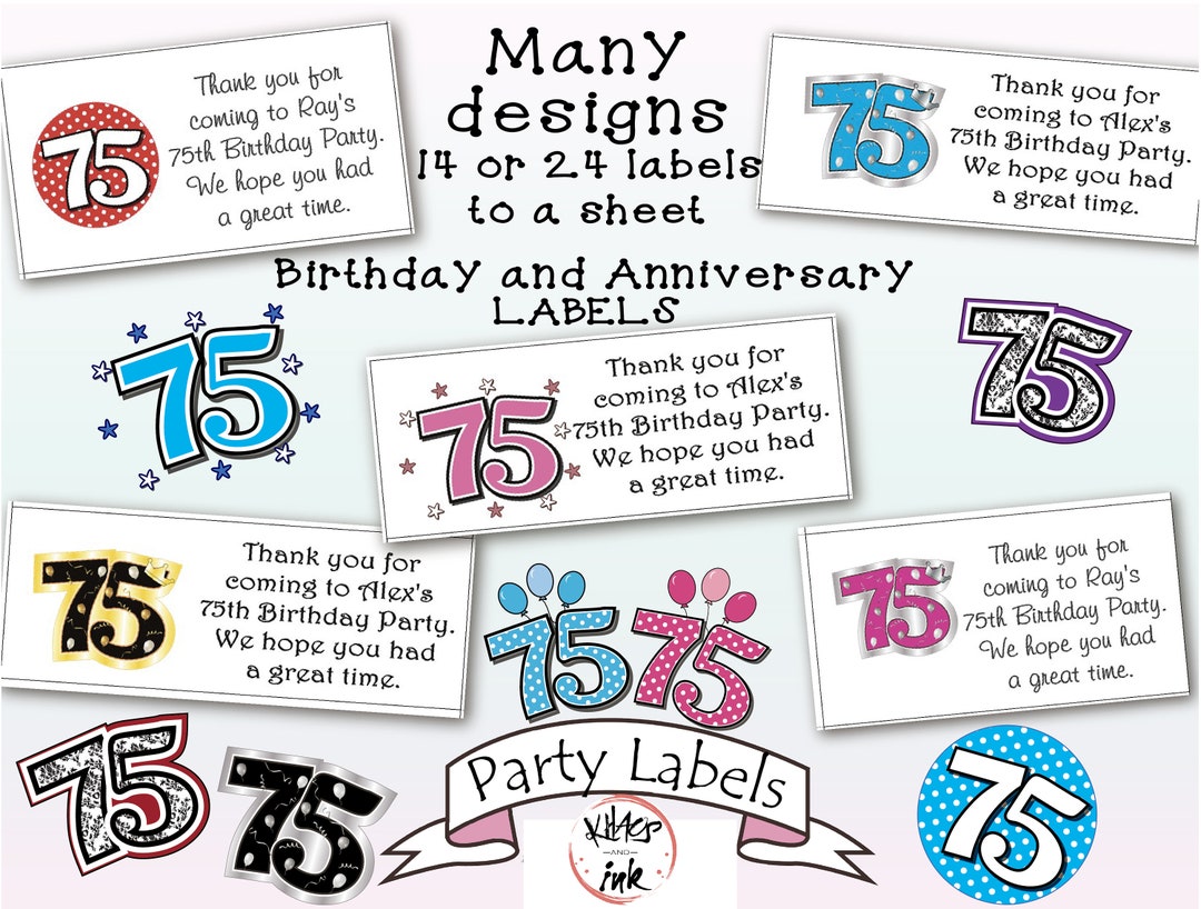 75th Birthday Labels, Personalised Party Stickers Black and Gold, Pink ...